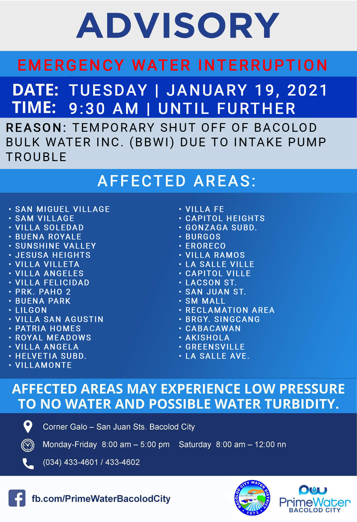 Baciwa Primewater Bacolod City Emergency Water Interruption January