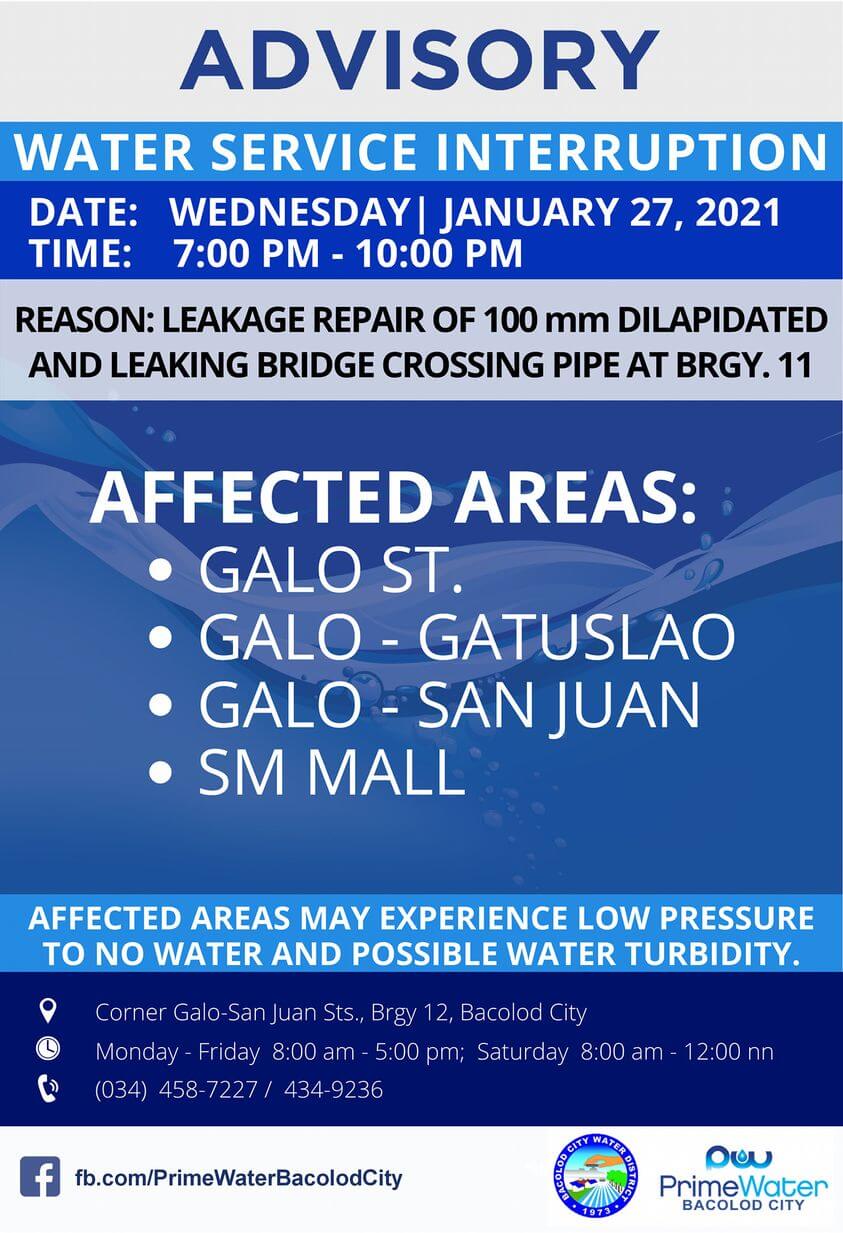 Baciwa Primewater Bacolod City Water Interruption Advisory January 27