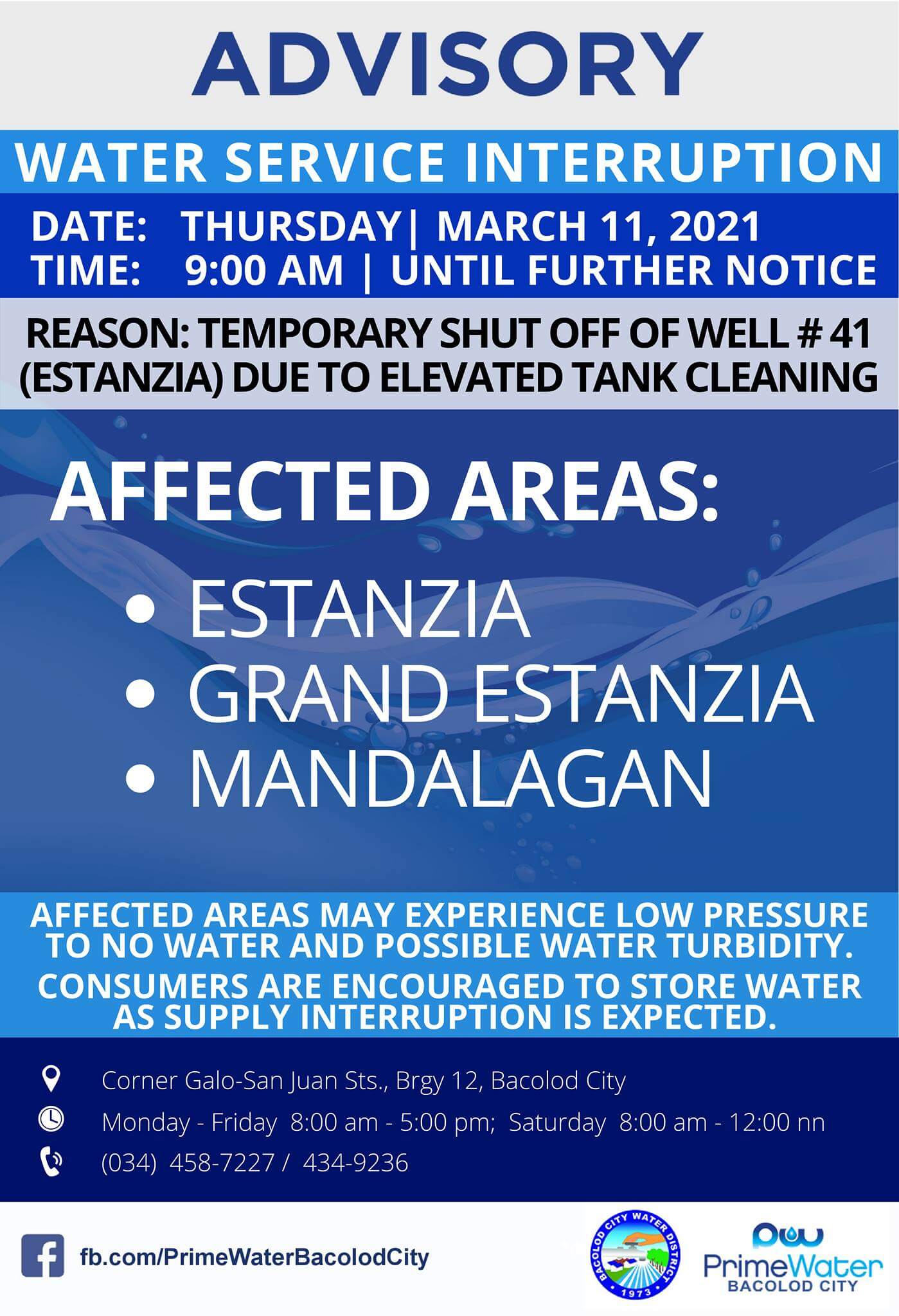 Baciwa Primewater Bacolod City Water Interruption Advisory March 11