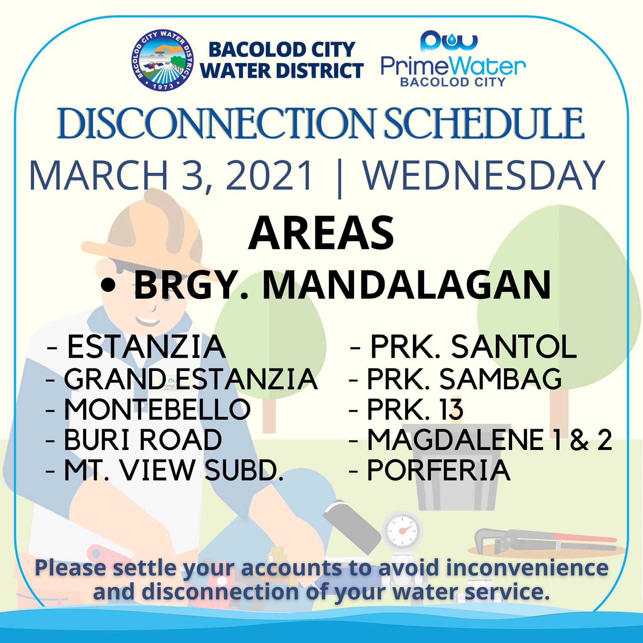 Baciwa Primewater Bacolod City Disconnection Schedule On March 3 2021