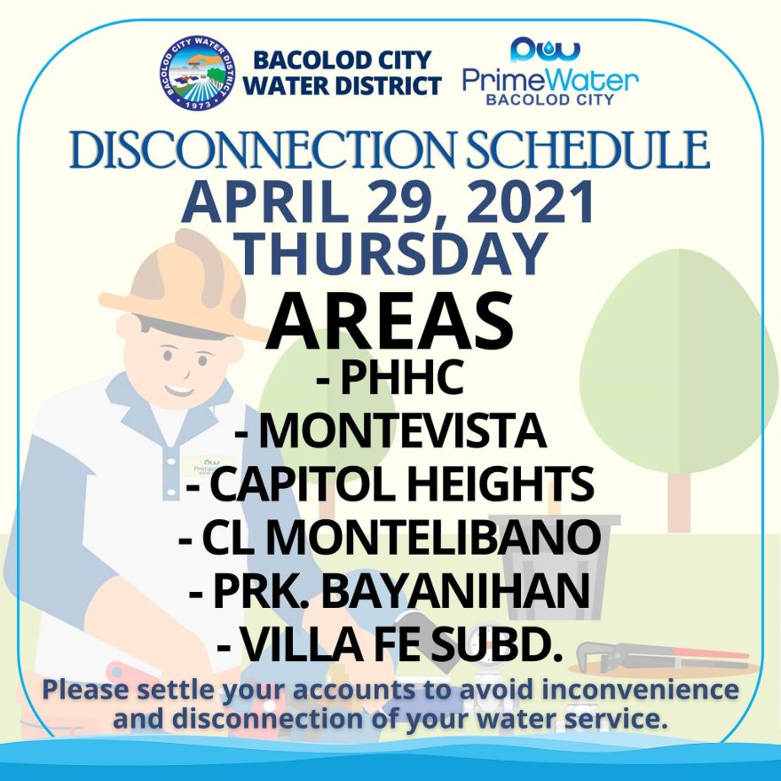 Baciwa Primewater Bacolod City Disconnection Schedule On April 28 29