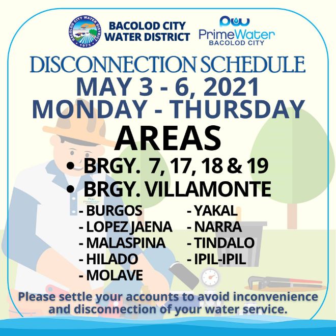 Baciwa Primewater Bacolod City Disconnection Schedule On May 3 6 2021