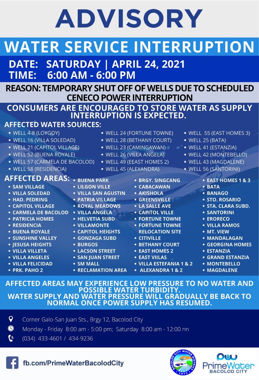 Baciwa Primewater Bacolod City Water Interruption Advisory April 24