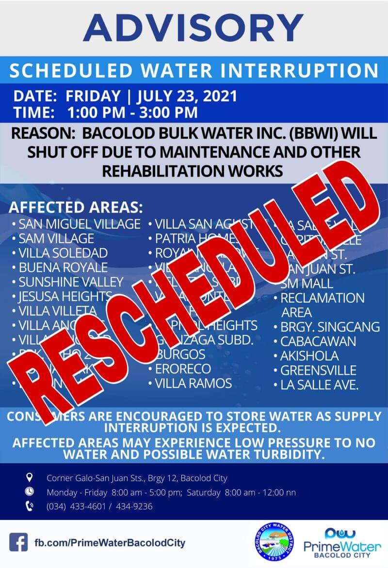 Baciwa Primewater Bacolod City Water Interruption Advisory July 23