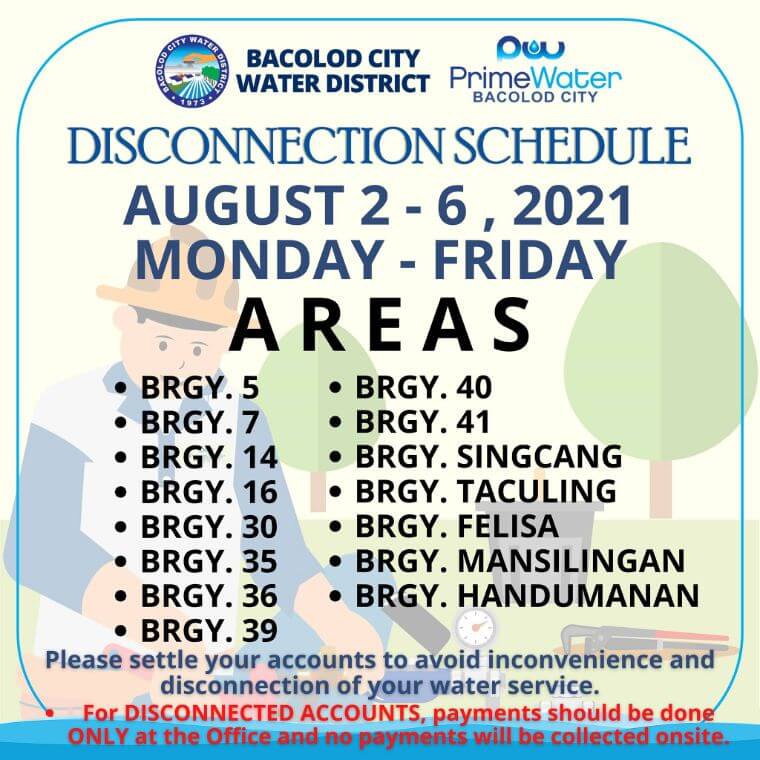 Baciwa Primewater Bacolod City Disconnection Schedule On August 2 6