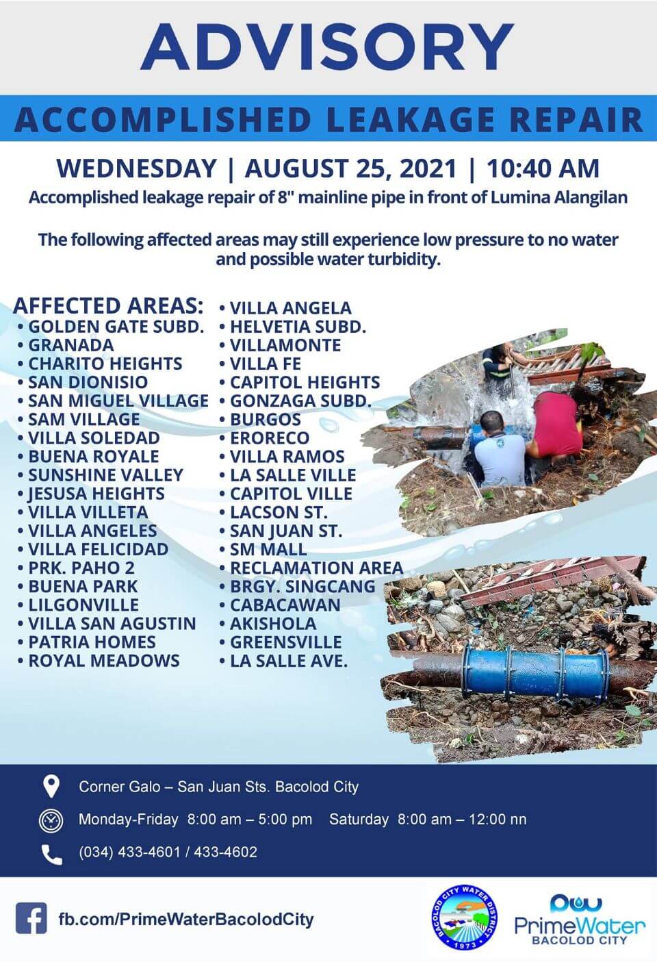 Baciwa Primewater Bacolod City Advisory Accomplished Leakage Repair