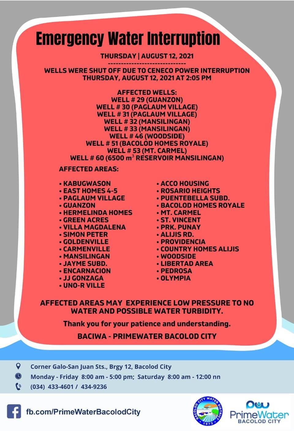 Baciwa Primewater Bacolod City Emergency Water Interruption August 14