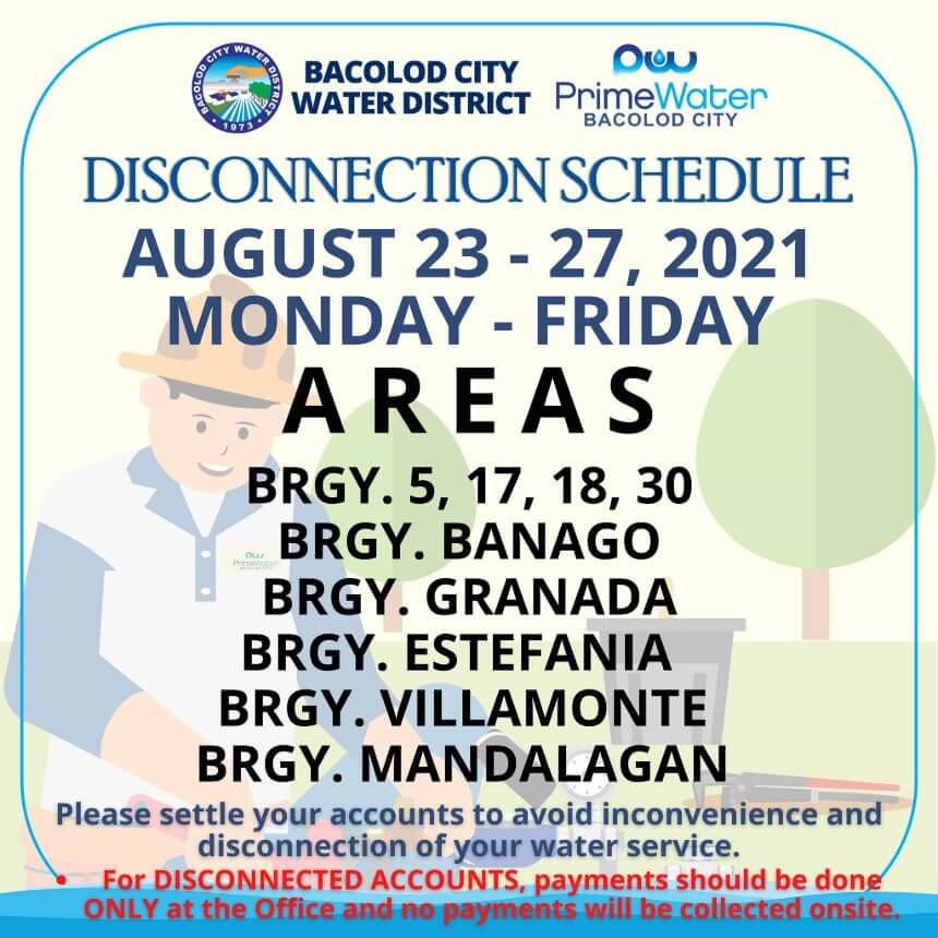 Baciwa Primewater Bacolod City Disconnection Schedule On August 23 27