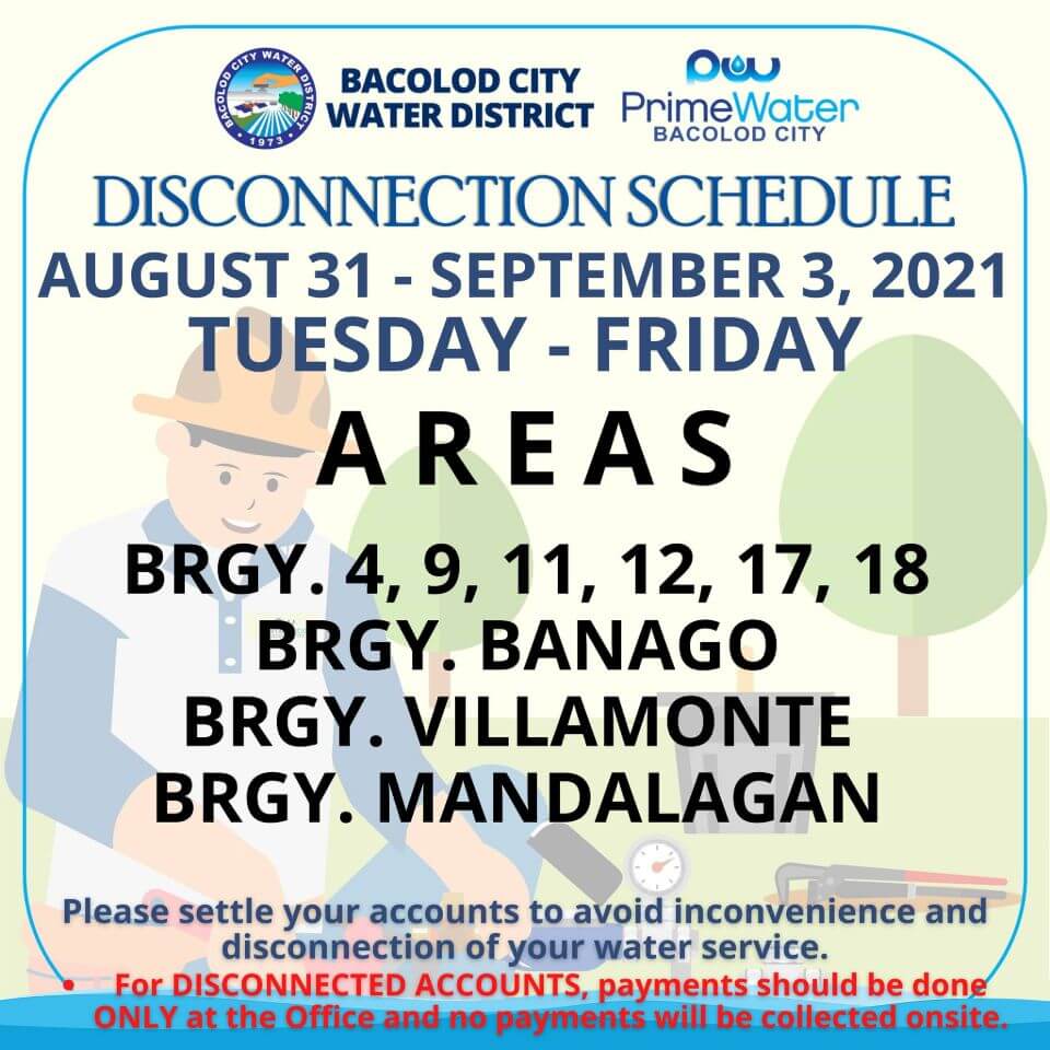 Baciwa Primewater Bacolod City Disconnection Schedule On August 31