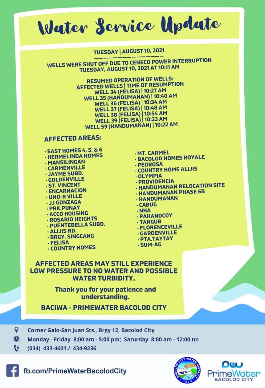 Baciwa Primewater Bacolod City Water Service Update August 10 2021