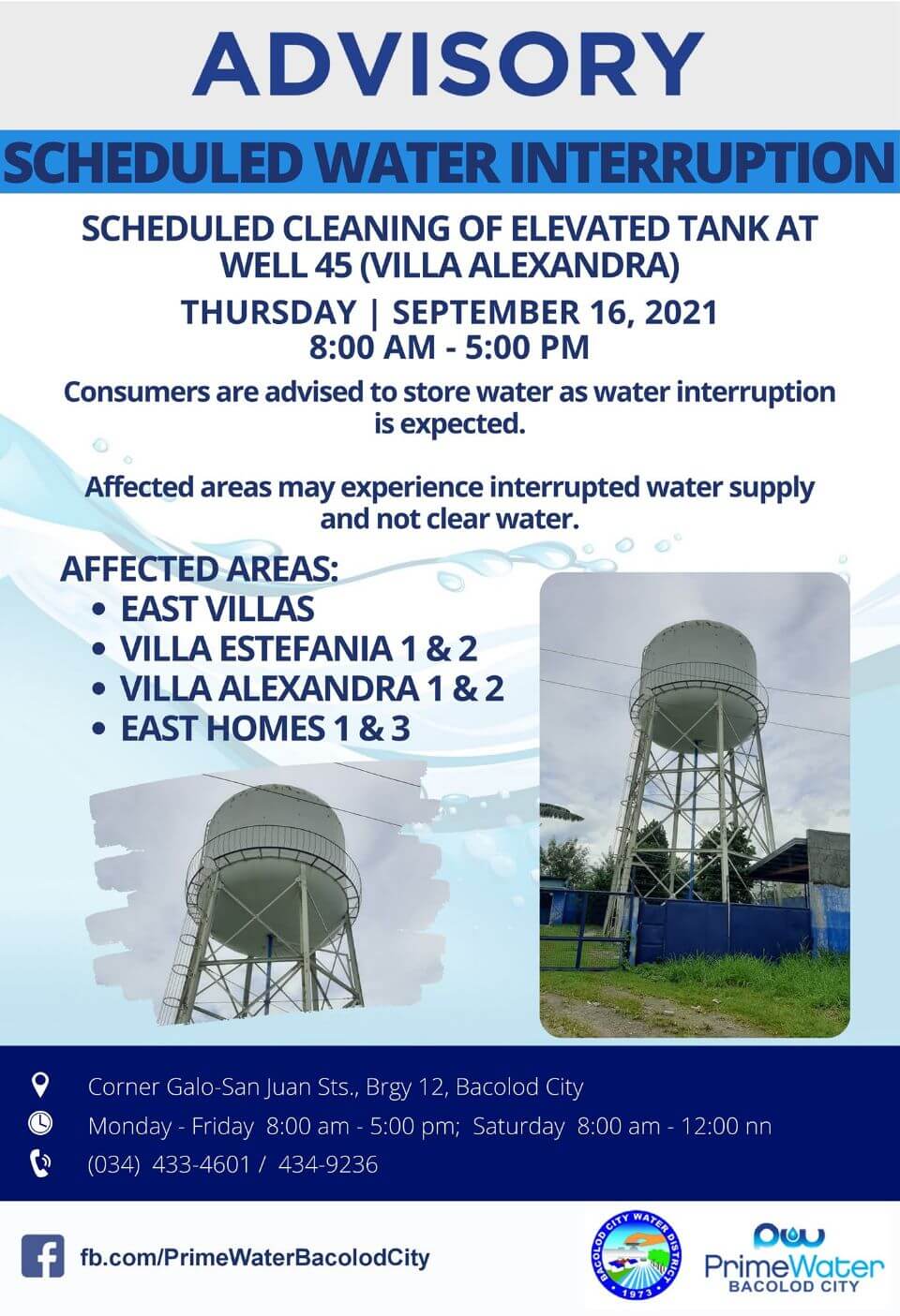 Baciwa Primewater Bacolod City Scheduled Water Interruption September