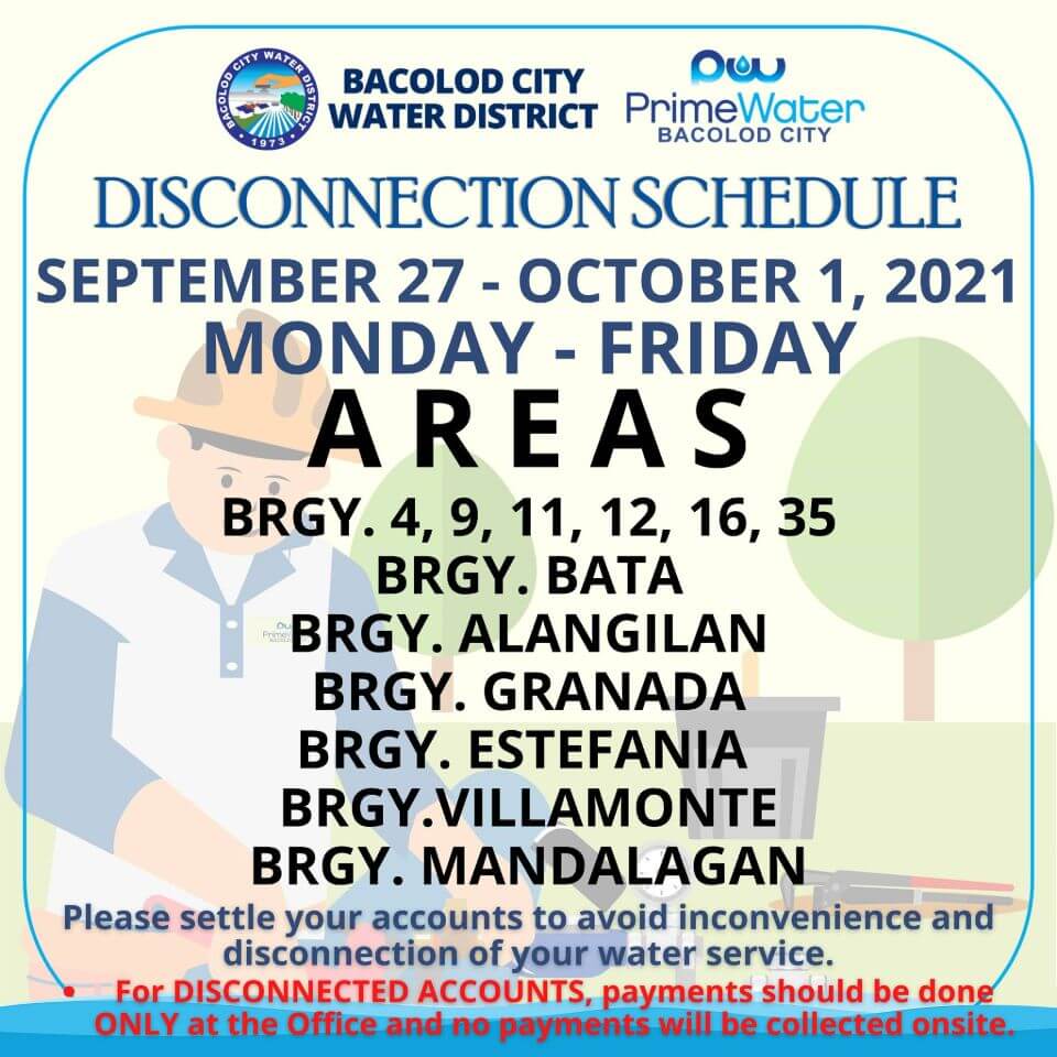 Baciwa Primewater Bacolod City Disconnection Schedule On September 27