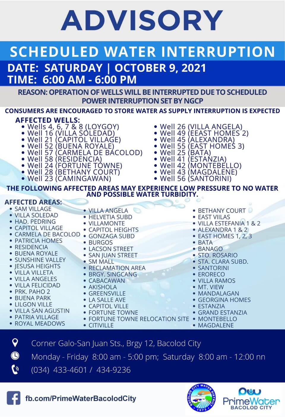 Baciwa Primewater Bacolod City Scheduled Water Interruption October 9