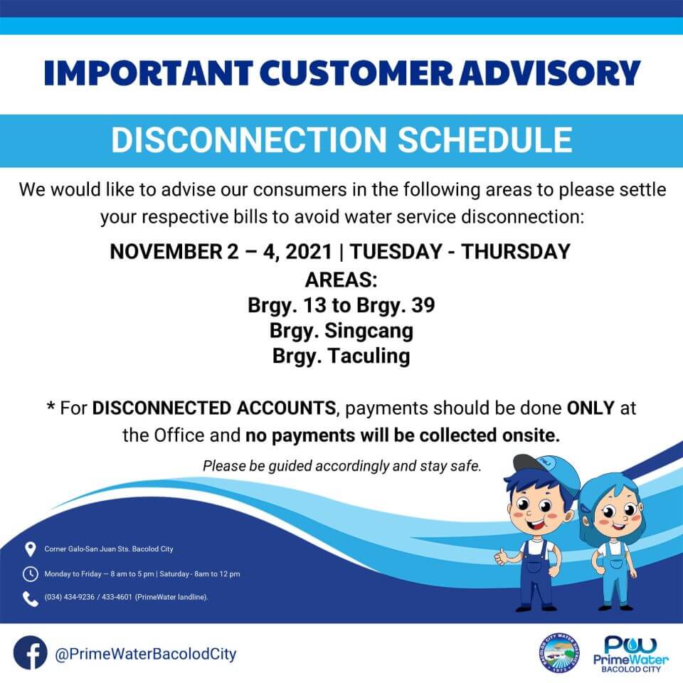 Baciwa Primewater Bacolod City Disconnection Schedule On November 2 4