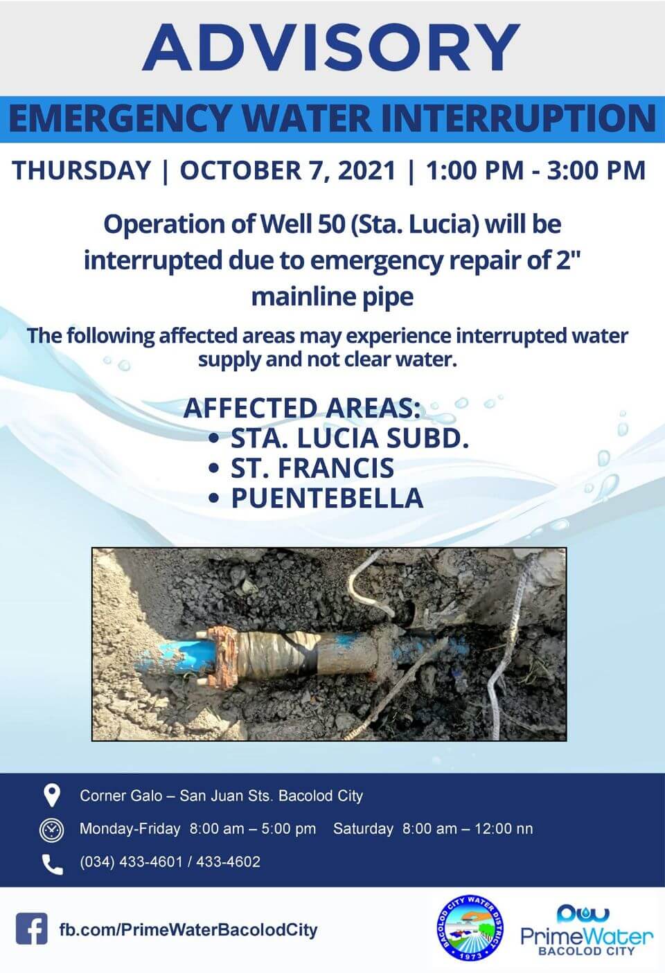 Baciwa Primewater Bacolod City Emergency Water Interruption October 7