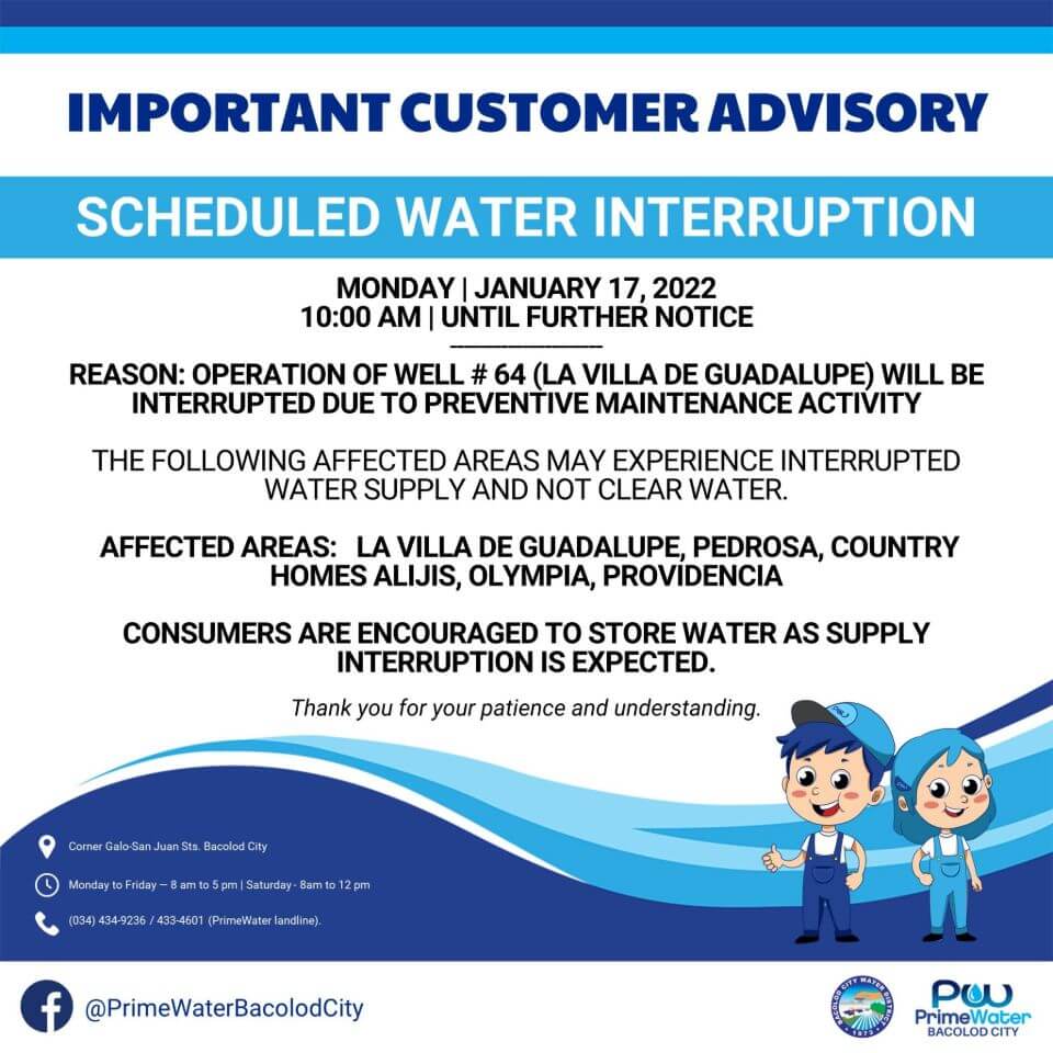 Baciwa Primewater Bacolod City Scheduled Water Interruption January