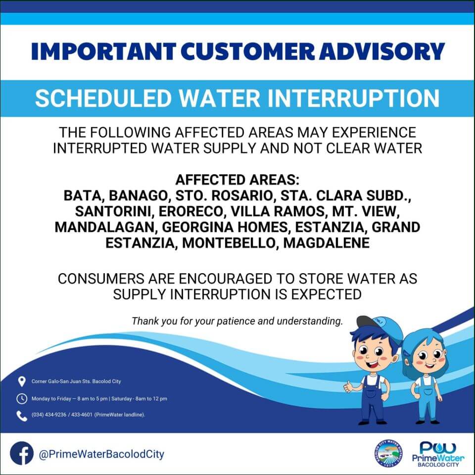 Baciwa Primewater Bacolod City Scheduled Water Interruption March 6