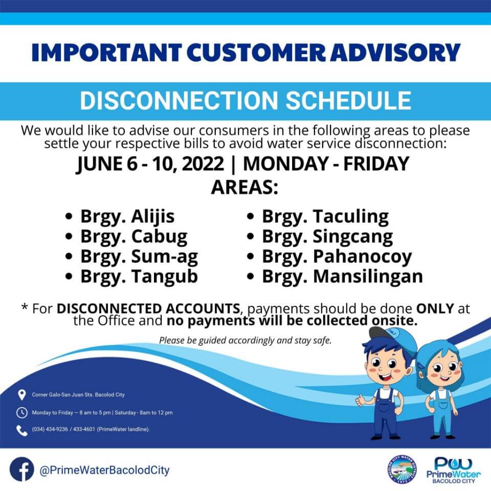 Baciwa Primewater Bacolod City Disconnection Schedule On June 6 10